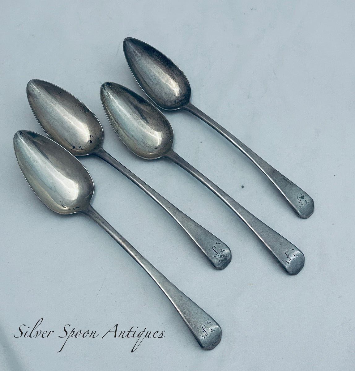 Interesting set of 4 English sterling tablespoons, Thomas Wallis II, L ...